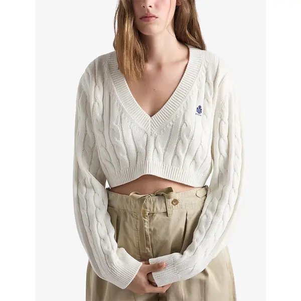 Prada V-neck Cable-knit Cotton Cropped Jumper