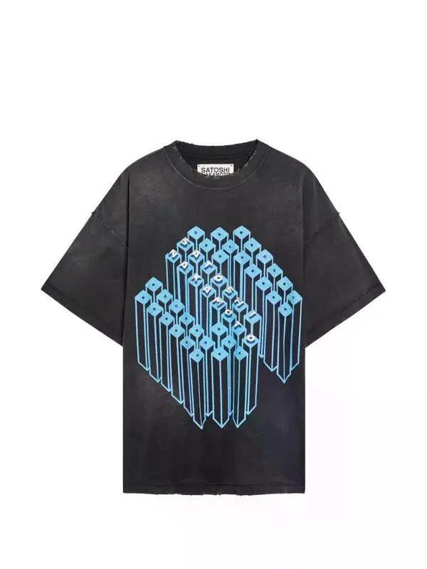 SATOSHI NAKAMOTO Gridlock Graphic-print Distressed T-shirt - Black