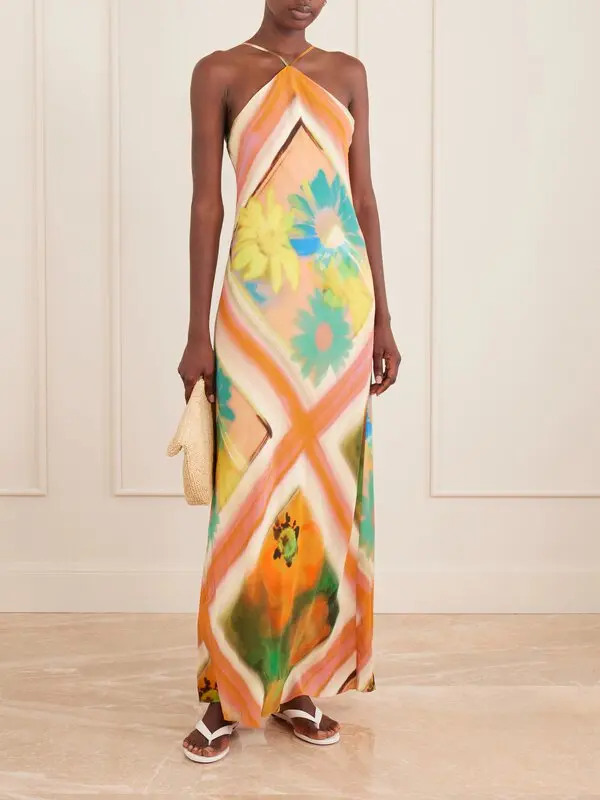 Staud Cubism Striped Floral-print Satin Maxi Dress - Multi