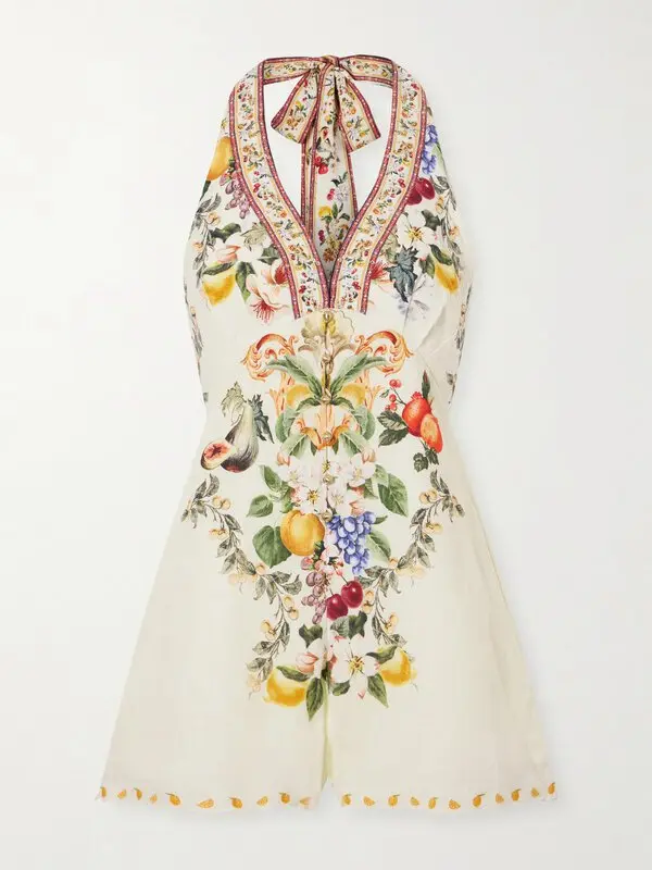 Camilla Embellished Floral-print Linen Playsuit - Neutrals