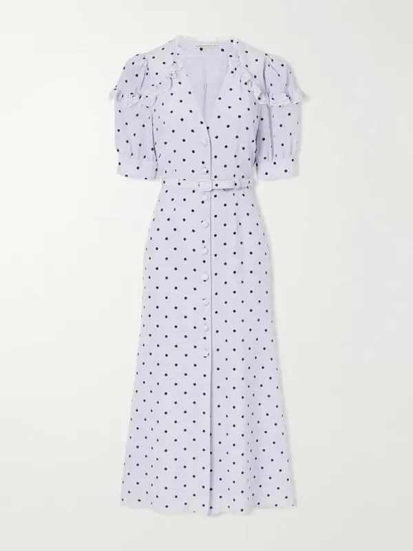 Alessandra Rich Belted Polka Dot Lace Trimmed Silk Midi Dress - Blue