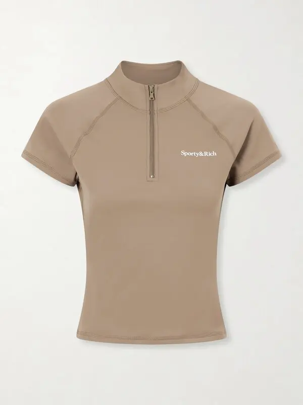 SPORTY & RICH Logo-print Stretch-jersey Half-zip T-shirt - Neutrals