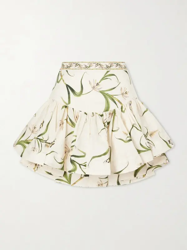 Agua Bendita Jacarina Ruffled Floral-printed Linen Mini Skirt - Neutrals