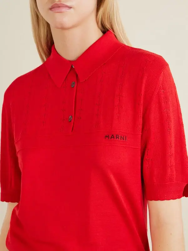 Marni Patterned Wool And Silk-blend Knitted Polo Shirt - Red