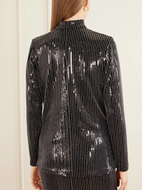 DIMA AYAD Studded Sequin-trimmed High Neck Blouse