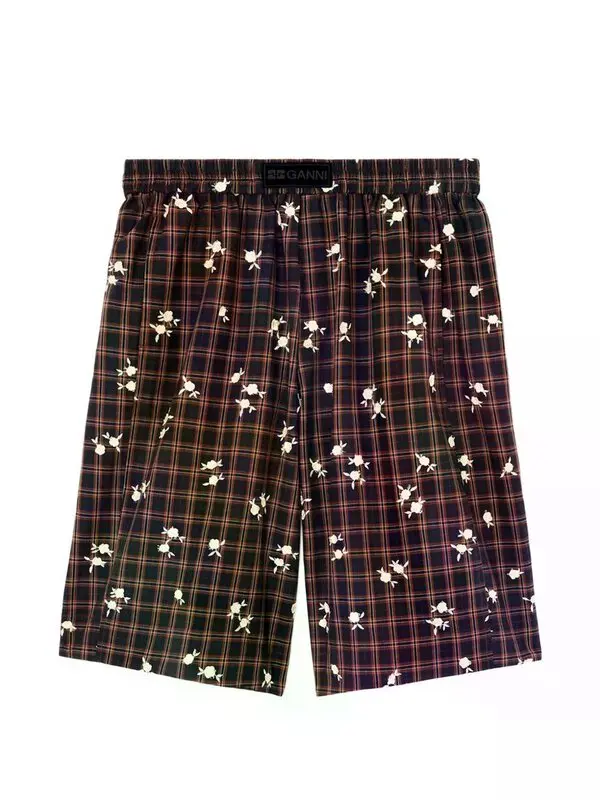 GANNI Checked Floral Print Shorts - Brown