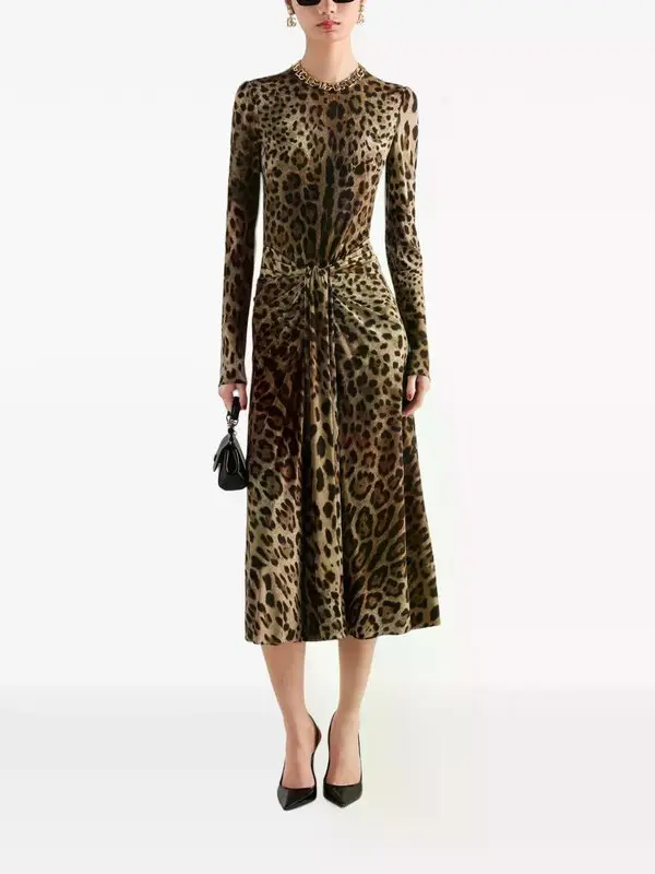 Dolce & Gabbana Leopard Print Viscose Jersey Long Sleeve Midi Dress - Neutrals