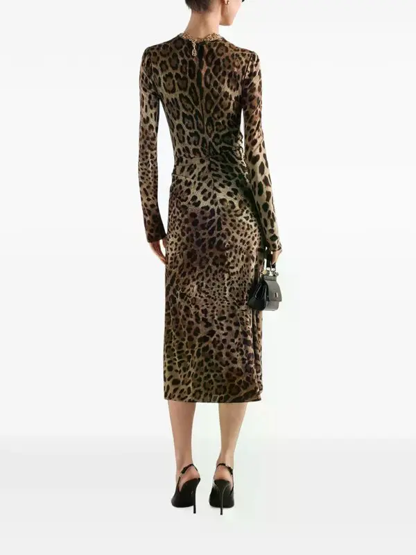 Dolce & Gabbana Leopard Print Viscose Jersey Long Sleeve Midi Dress - Neutrals