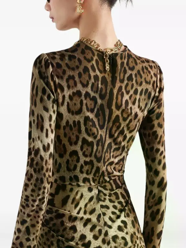 Dolce & Gabbana Leopard Print Viscose Jersey Long Sleeve Midi Dress - Neutrals