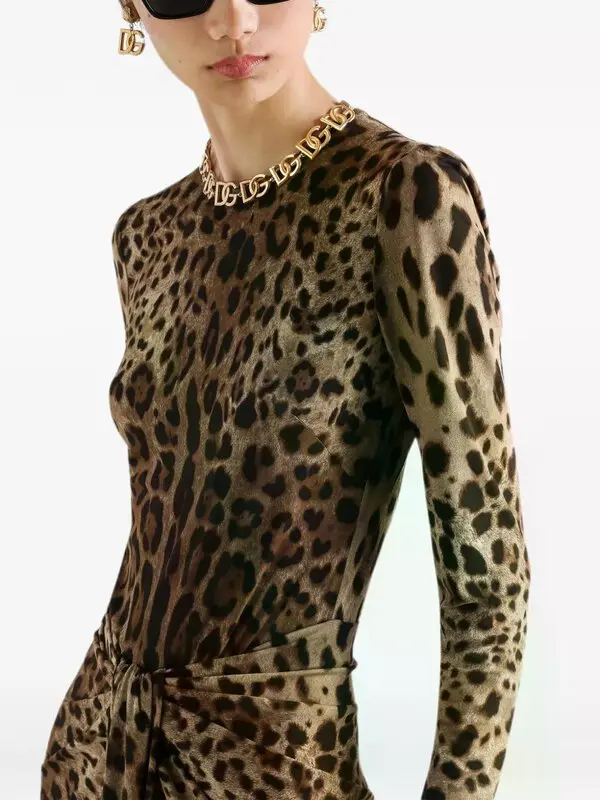 Dolce & Gabbana Leopard Print Viscose Jersey Long Sleeve Midi Dress - Neutrals