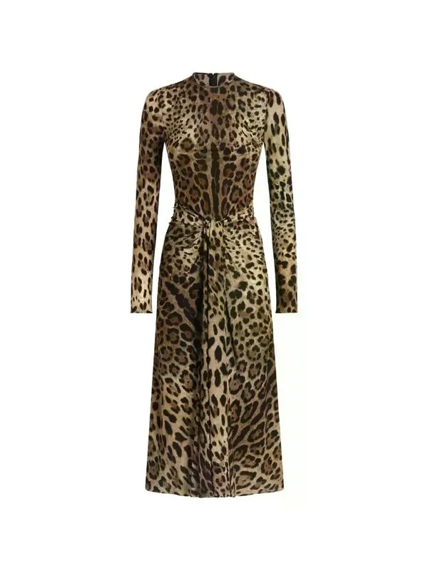 Dolce & Gabbana Leopard Print Viscose Jersey Long Sleeve Midi Dress - Neutrals