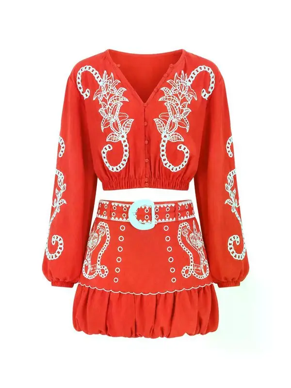 Farm Rio Richelieu Embroidered Cropped Blouse - Red
