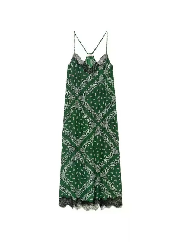 Zadig&Voltaire Respa Silk Bandana Print V-neck Spaghetti Strap Midi Dress - Green