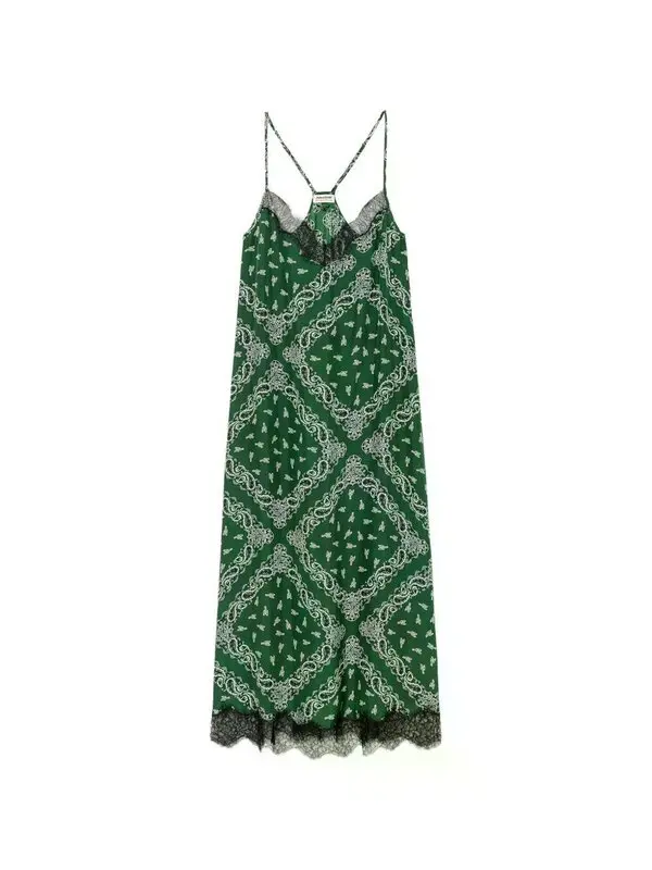 Zadig&Voltaire Respa Silk Bandana Print V-neck Spaghetti Strap Midi Dress - Green