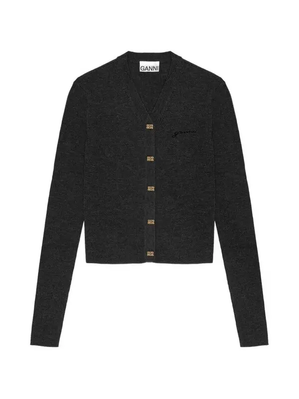GANNI Logo-embroidered V-neck Cardigan - Grey