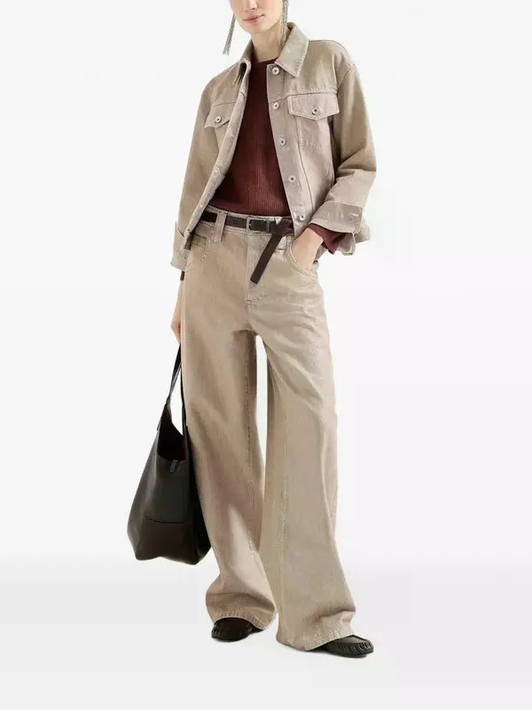 Brunello Cucinelli Beige Lamé-denim Baggy Trousers With Monili - Neutrals