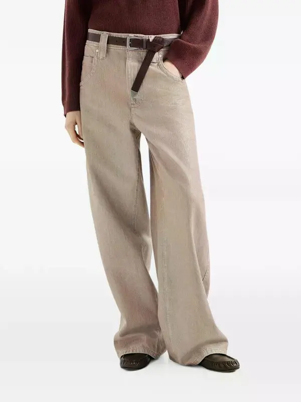 Brunello Cucinelli Beige Lamé-denim Baggy Trousers With Monili - Neutrals