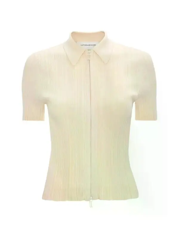 Victoria Beckham Ribbed Knit Short-sleeve Zip-up Shirt - Neutrals