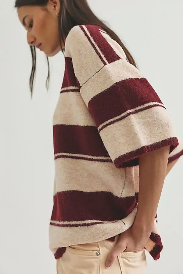 Free People Margot Stripe Softspun Sweater Tee - Berry Combo