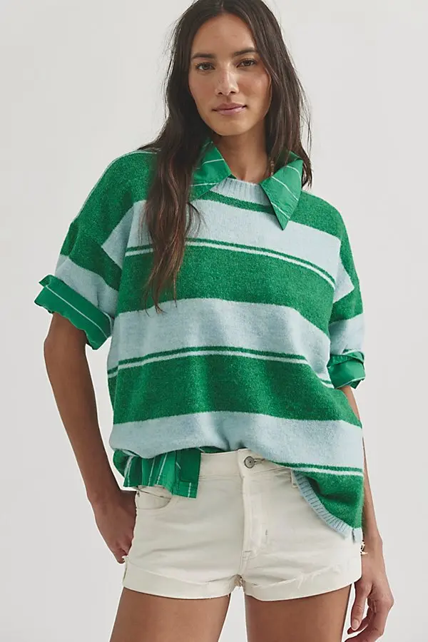 Free People Margot Stripe Softspun Sweater Tee - Sage Green Combo