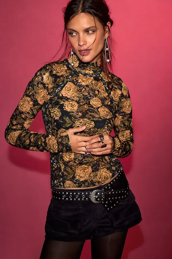 Free People Lyric Sheer Lace Long Sleeve Turtleneck Top - Black Combo