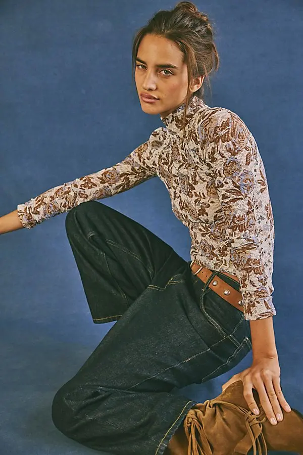 Free People Lyric Sheer Lace Long Sleeve Turtleneck Top - Ivory Combo