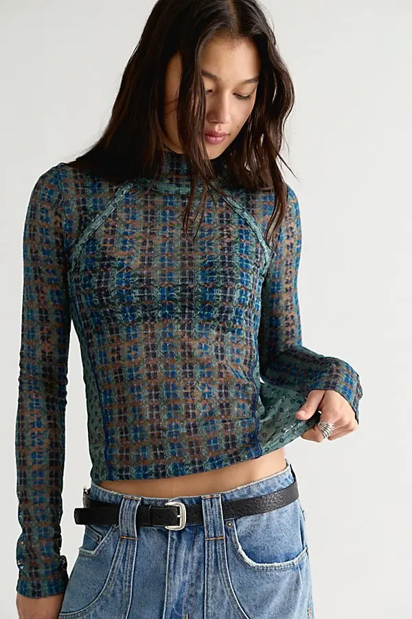 Free People Lyric Sheer Lace Long Sleeve Turtleneck Top - Navy Combo