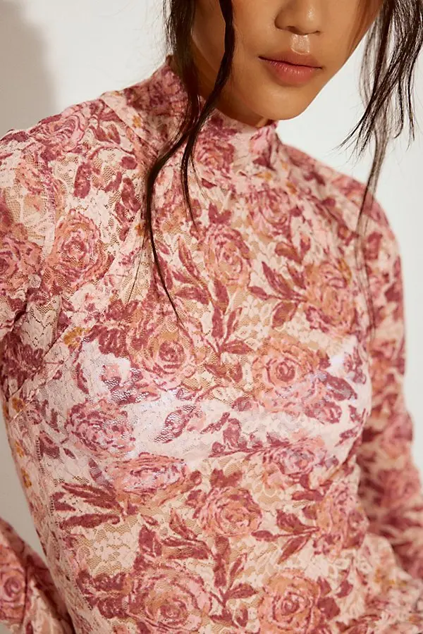 Free People Lyric Sheer Lace Long Sleeve Turtleneck Top - Pink Combo