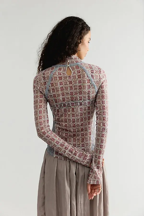 Free People Lyric Sheer Lace Long Sleeve Turtleneck Top - Tea Combo