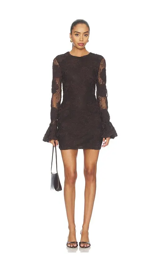 ROTATE BY BIRGER CHRISTENSEN 3d Flower Longsleeve Mini Dress - Brown
