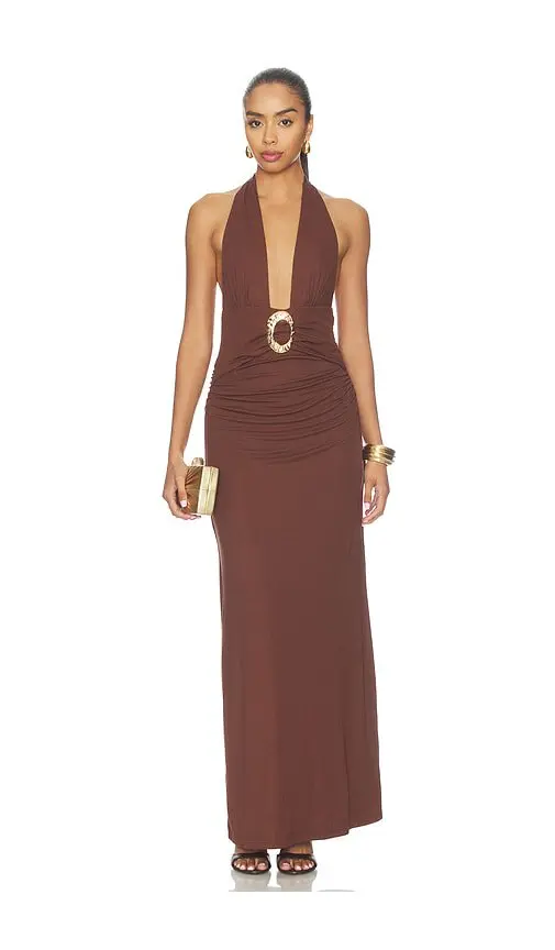 RUNAWAY THE LABEL Arina Halter V-neck Maxi Dress - Brown