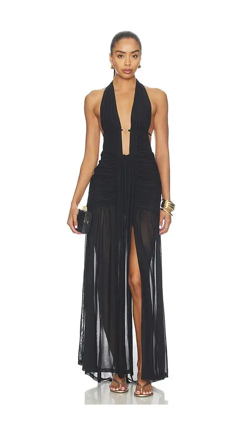 RUNAWAY THE LABEL Adrianna Plunge Ruched Maxi Dress In . Also - Black