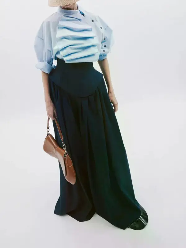 A.W.A.K.E. Mode Basque Pleated Trousers Navy