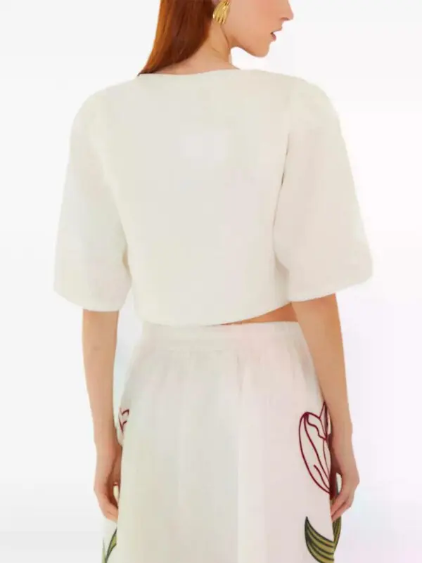 Farm Rio Floral Embroidered Puff-sleeve Cropped Top - White