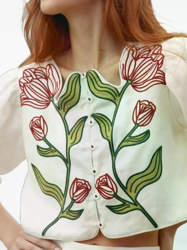 Farm Rio Floral Embroidered Puff-sleeve Cropped Top