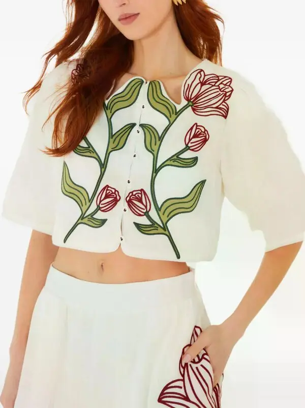 Farm Rio Floral Embroidered Puff-sleeve Cropped Top