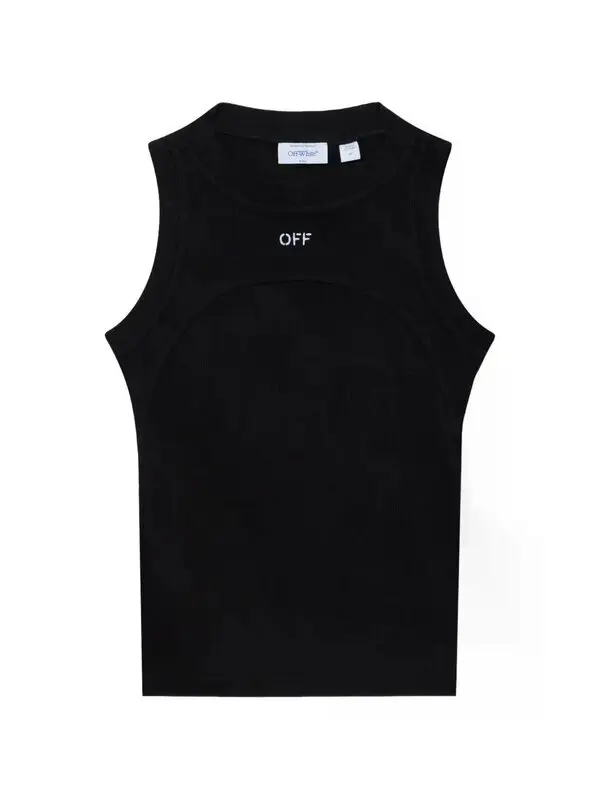 Off-White Ribbed Racerback Tank Top With Logo Detail - Black