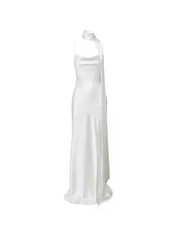 LITA COUTURE Silk Satin Cowl Neck Maxi Dress With Scarf And Floral Tie Details - White