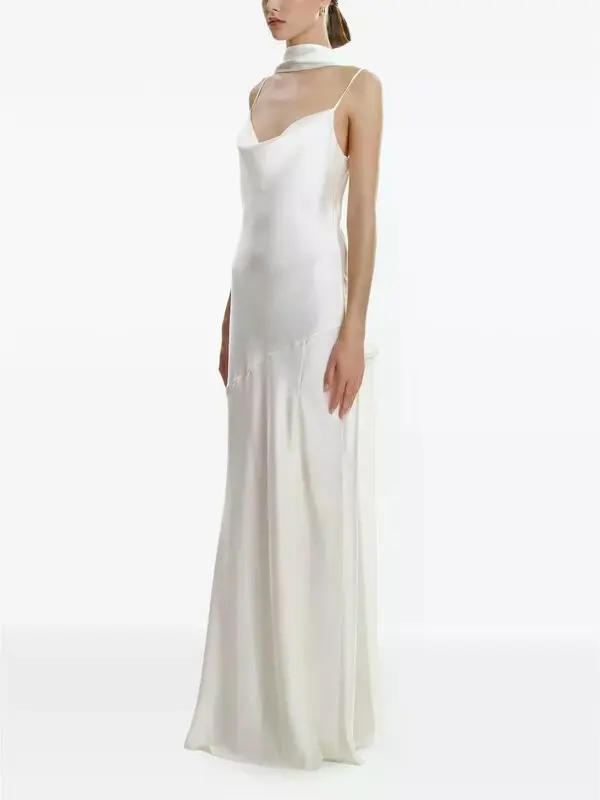 LITA COUTURE Silk Satin Cowl Neck Maxi Dress With Scarf And Floral Tie Details