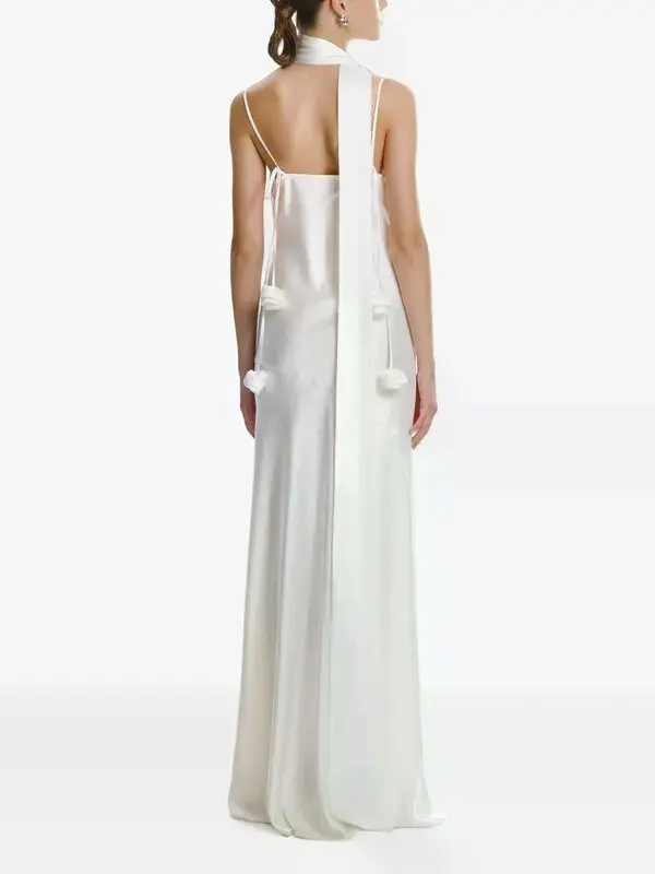 LITA COUTURE Silk Satin Cowl Neck Maxi Dress With Scarf And Floral Tie Details