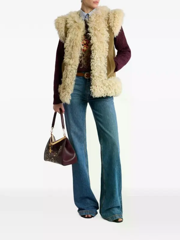 Etro Shearling Waistcoat With Peacock Embroidery - Brown