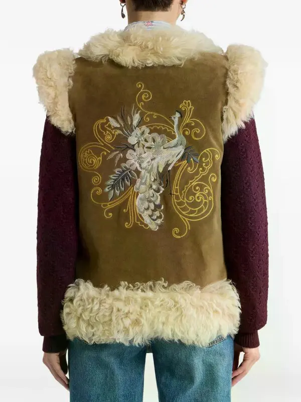 Etro Shearling Waistcoat With Peacock Embroidery