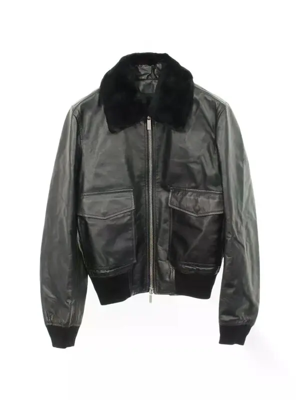Dior Leather Shearling Collar Zip-up Jacket - Black