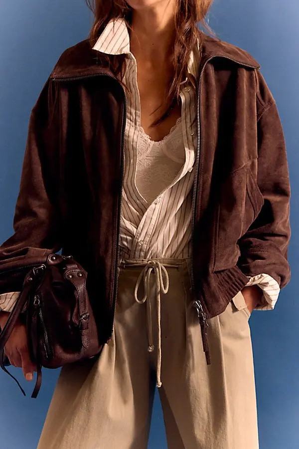 We The Free Desert Moon Suede Bomber Jacket - Brownie Batter