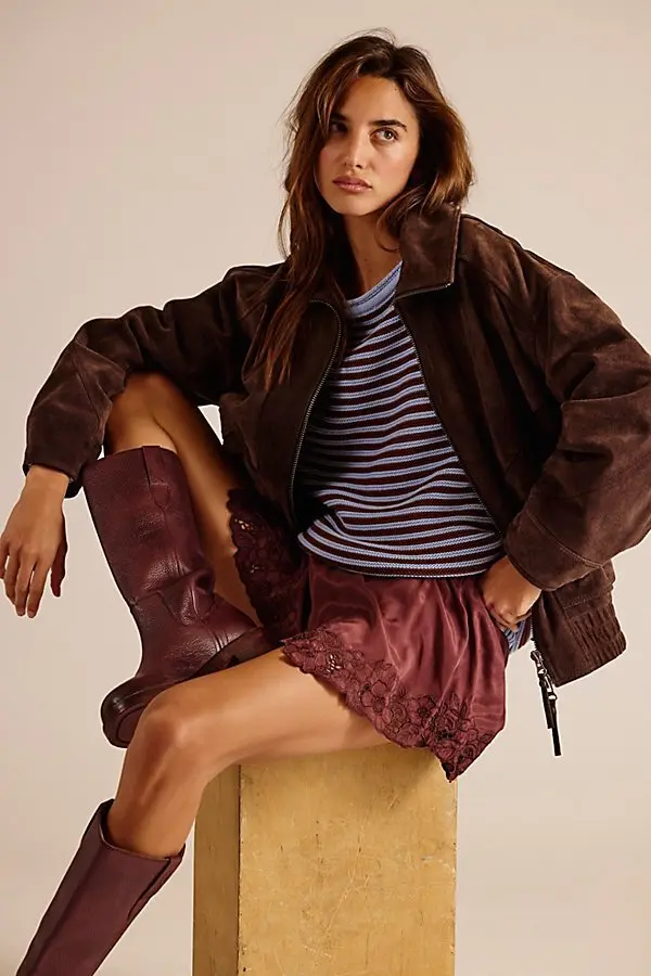 We The Free Desert Moon Suede Bomber Jacket - Brownie Batter