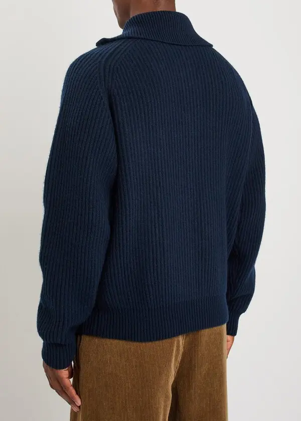 JIL SANDER High-neck Zip-up Ribbed Wool Jumper - Navy