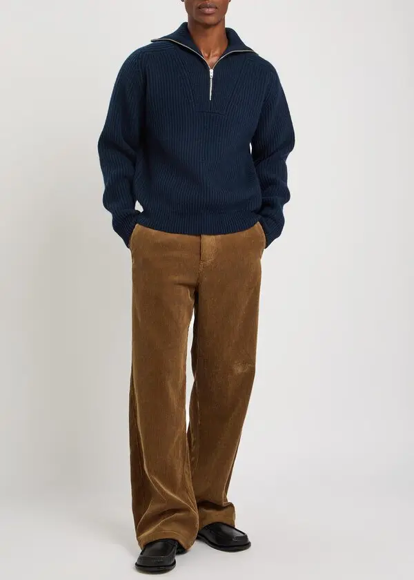 JIL SANDER High-neck Zip-up Ribbed Wool Jumper - Navy