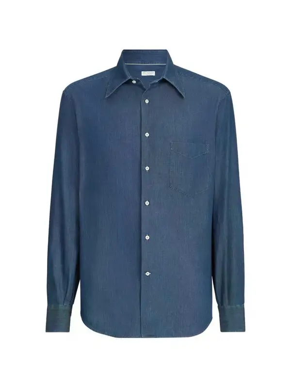 Brunello Cucinelli Lightweight Denim Shirt With Italian Collar And Chest Pocket - Blue