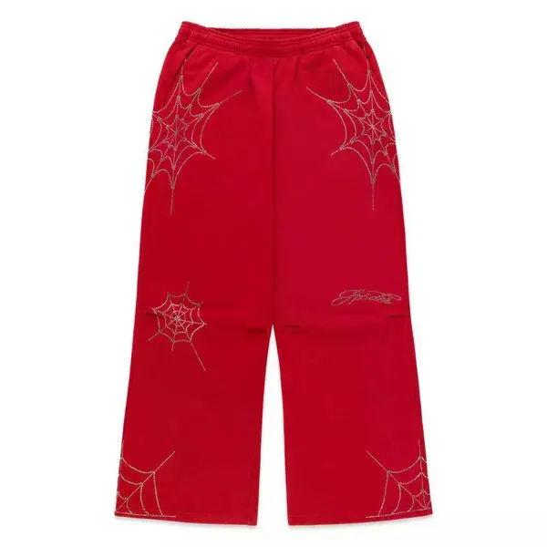 SP5DER Rhinestone-embellished Spider-web Track Pants - Red