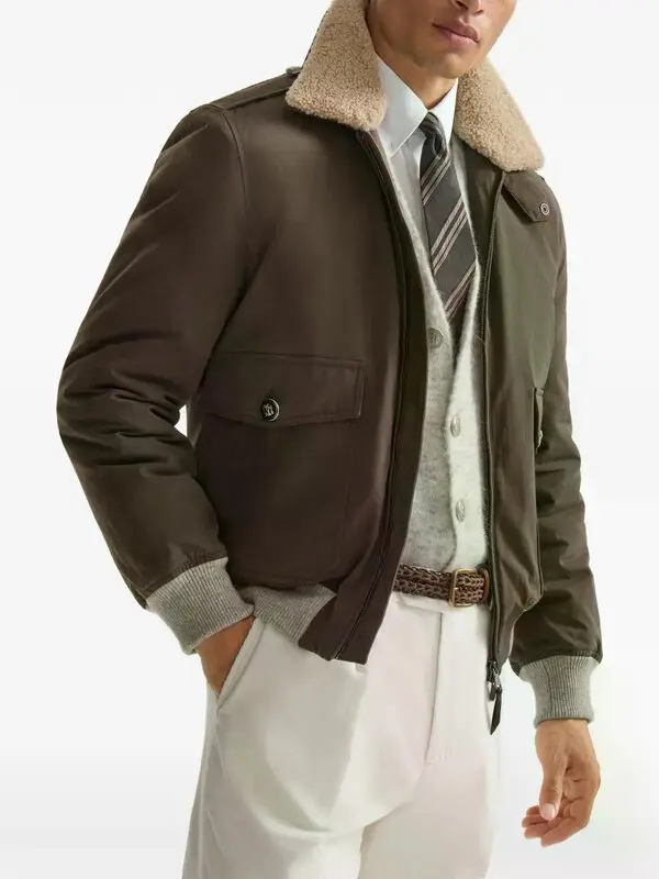 Brunello Cucinelli Waxed Techno Cotton Bomber Jacket With Detachable Shearling Collar - Grey